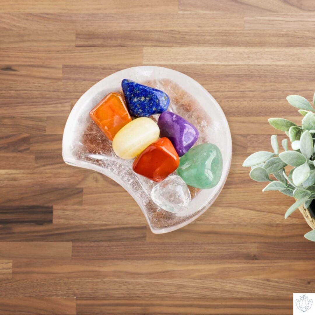 7 Chakras With Selenite Charging Bowl Crystal Moon Shaped Bowl Chakra ...