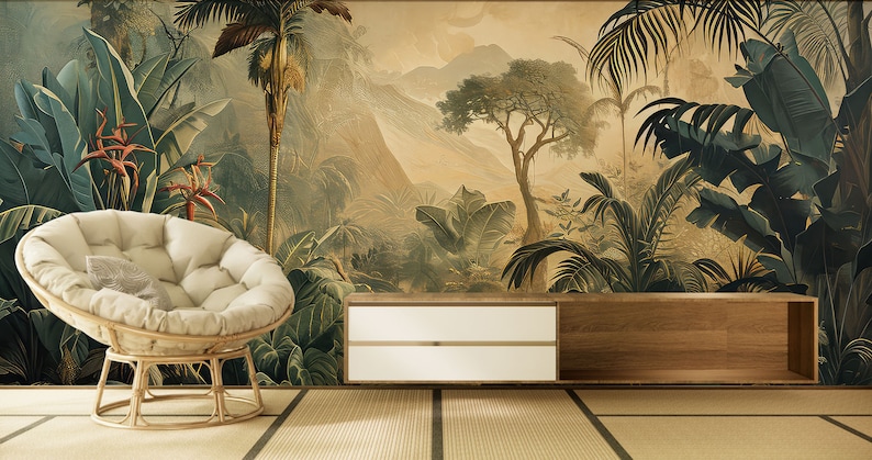 Retro Jungle Landscape Wallpaper | Wall Decor | Home Renovation | Wall ...