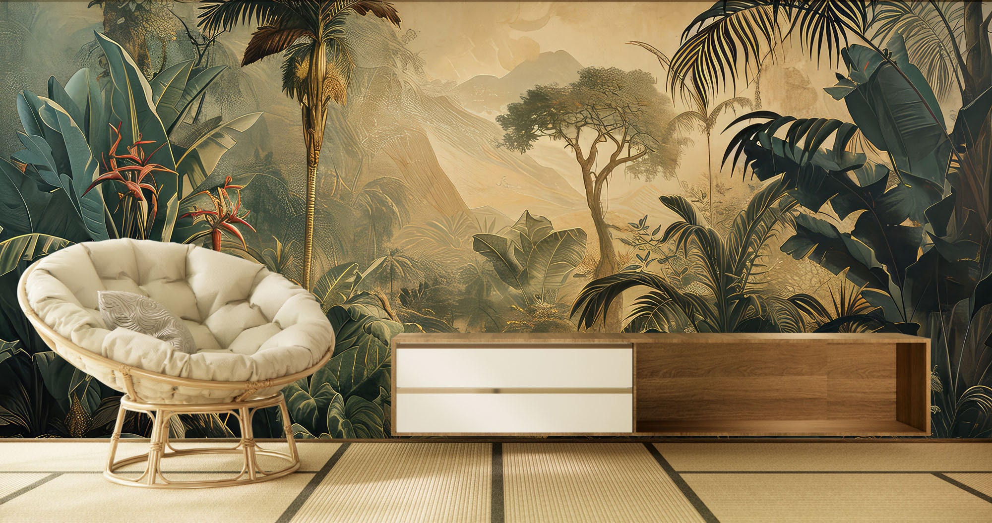 Retro Jungle Landscape Wallpaper | Wall Decor | Home Renovation | Wall ...