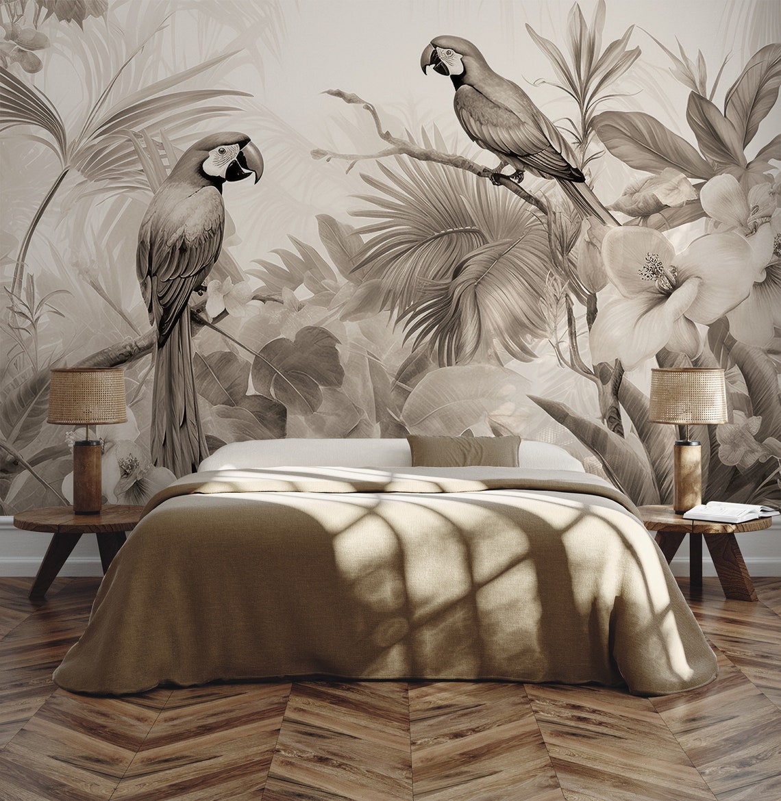 Sepia Parrots Tropical Wallpaper Peel & Stick Floral Decor Wall Decor ...