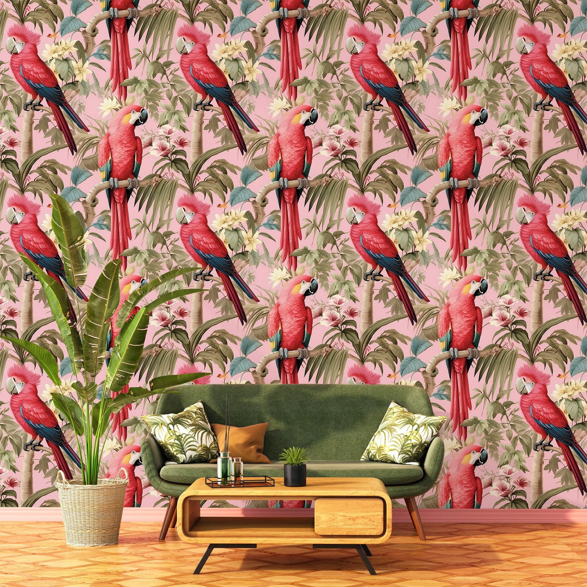 Pink Parrot Bird Tropical Wallpaper Wall Decor Home Renovation Wall Art ...
