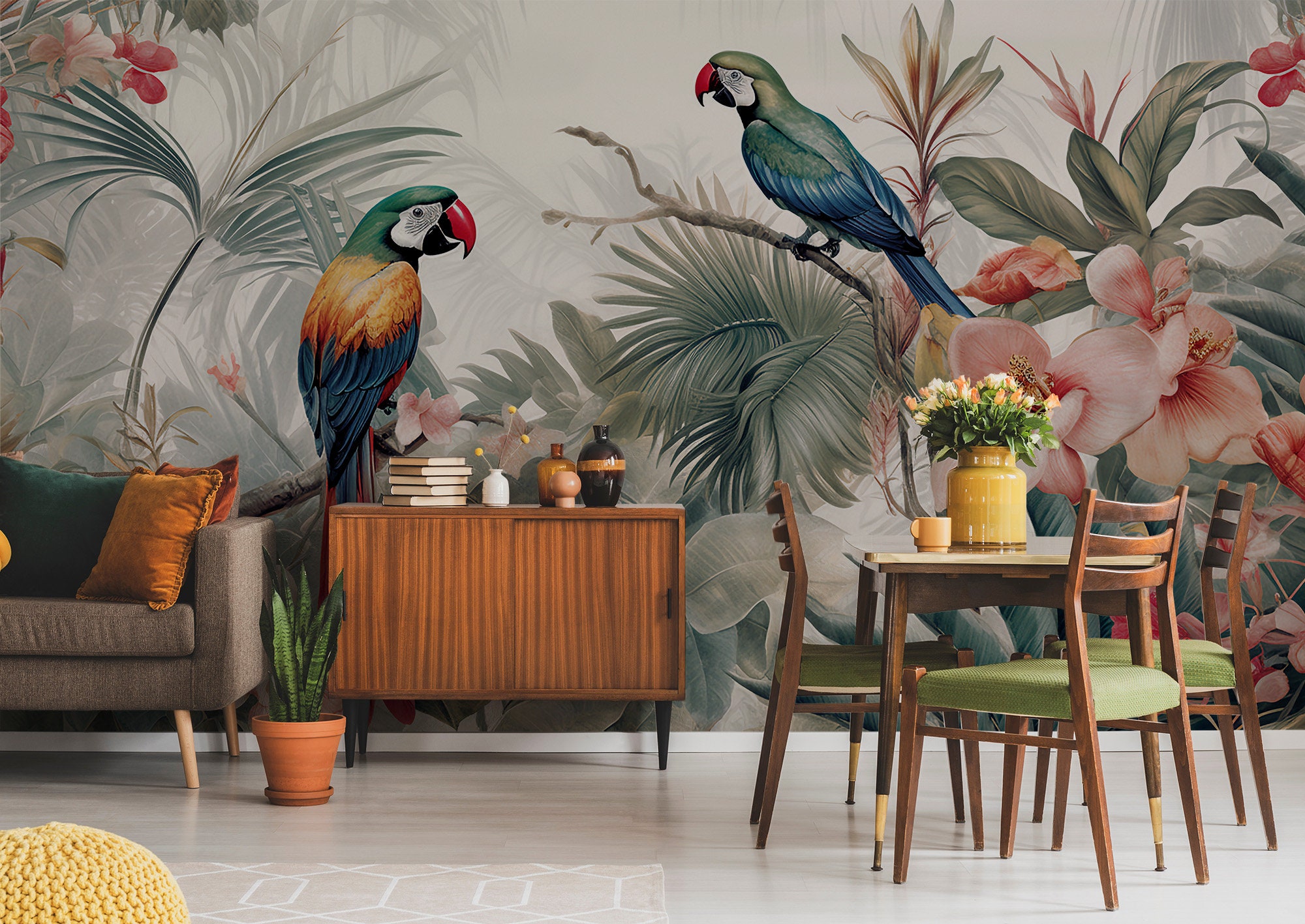 Tropical Wallpaper With Parrots Exotic Wall Decor Home Renovation Wall ...