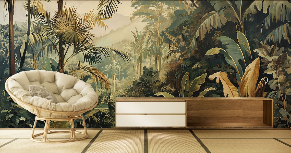 Retro Jungle Wallpaper, Landscape Art | Wall Decor | Home Renovation ...