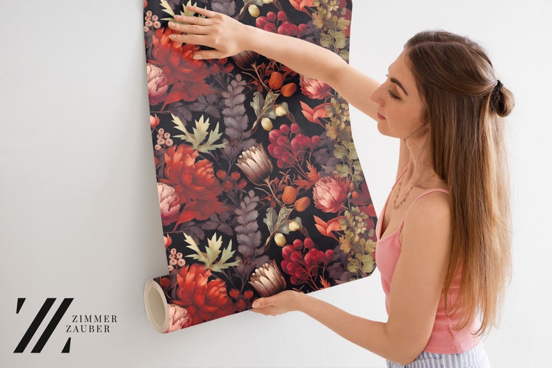 Dark Red Floral Wallpaper, Botanical Mural | Wall Decor | Home ...