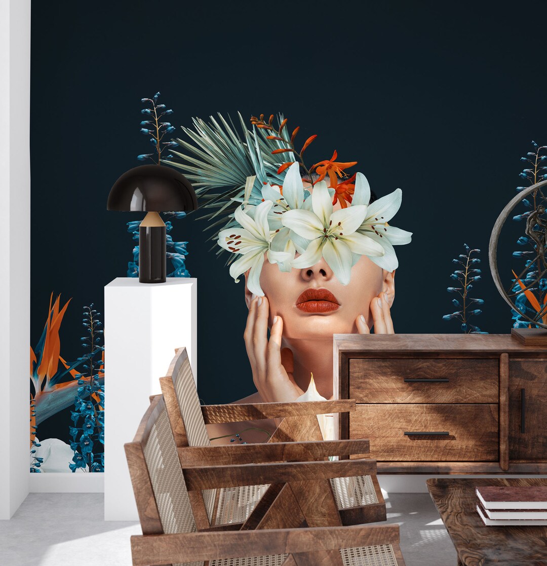 Floral Wallpaper, Female Portrait Wall Mural | Wall Decor | Home ...