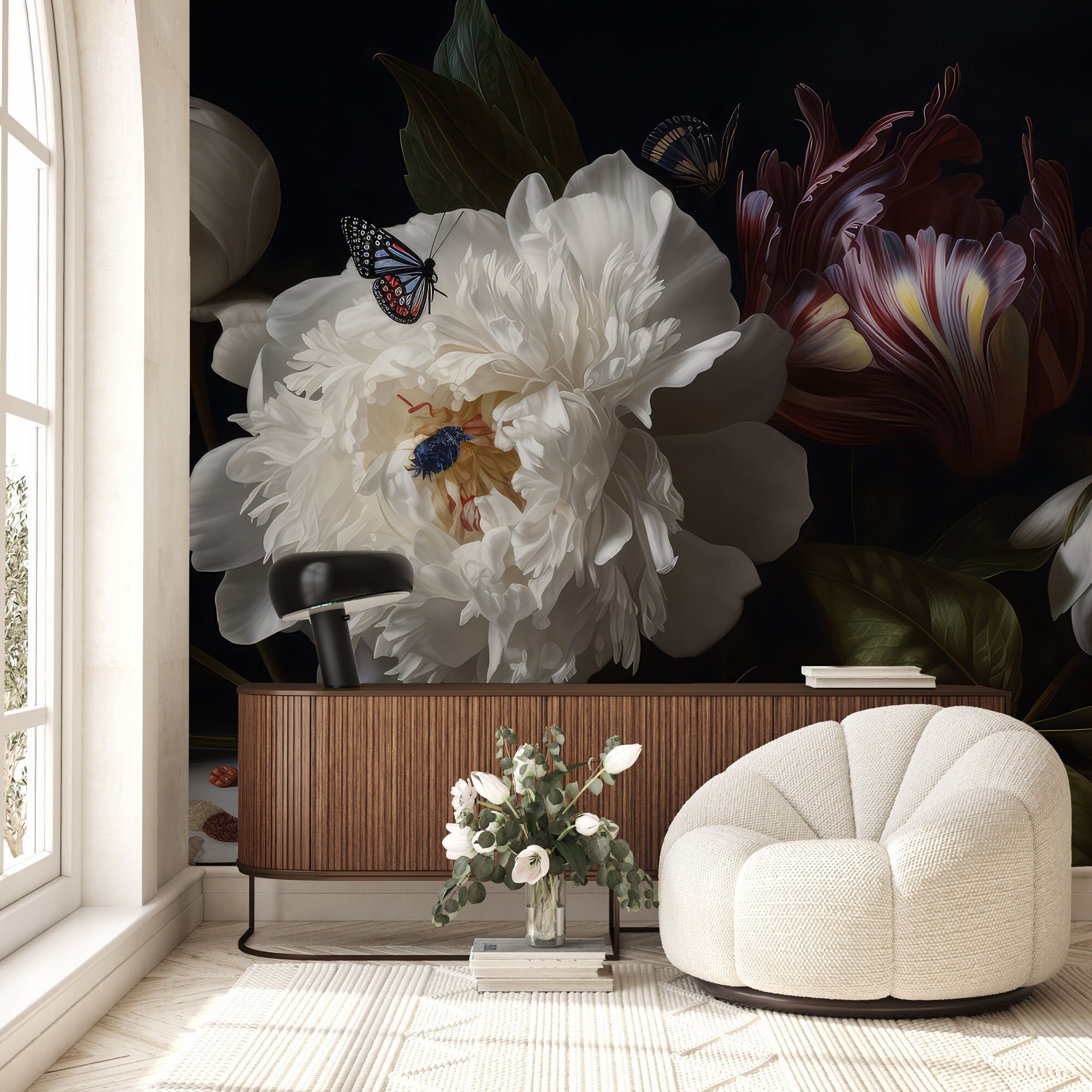 Dark Floral Wall Mural, Insects Wall Print Wall Decor Home Renovation ...