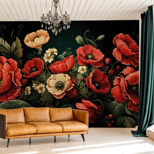 Red Poppies Wallpaper, Dark Background | Floral Wall Decor | Home ...