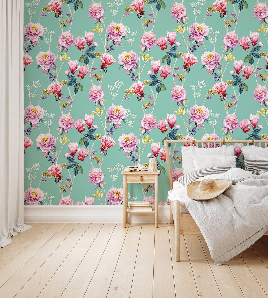 Buy Pink Flowers Teal Wallpaper | Floral Wall Decor | Home Renovation ...