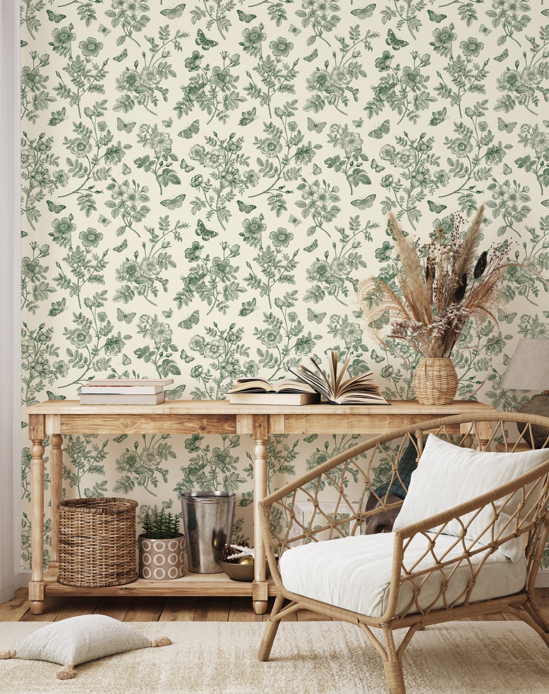 Butterfly & Flower Green Pattern Wallpaper | Wall Decor | Home ...