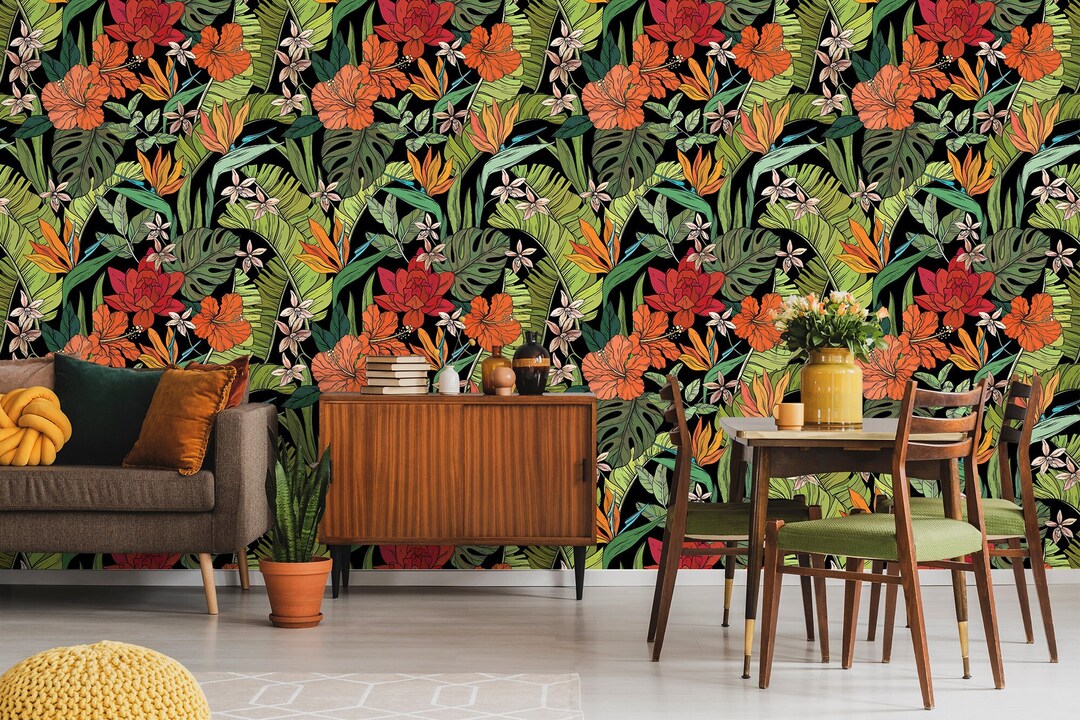 Hibiscus Red & Green Tropical Floral Mural | Wall Decor | Home ...