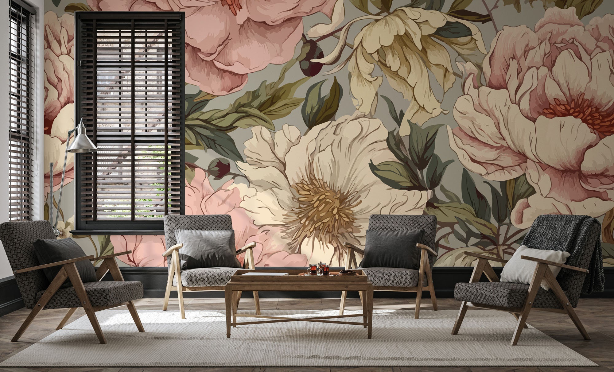 Retro Peony Flower Wallpaper, Floral Pattern | Wall Decor | Home ...