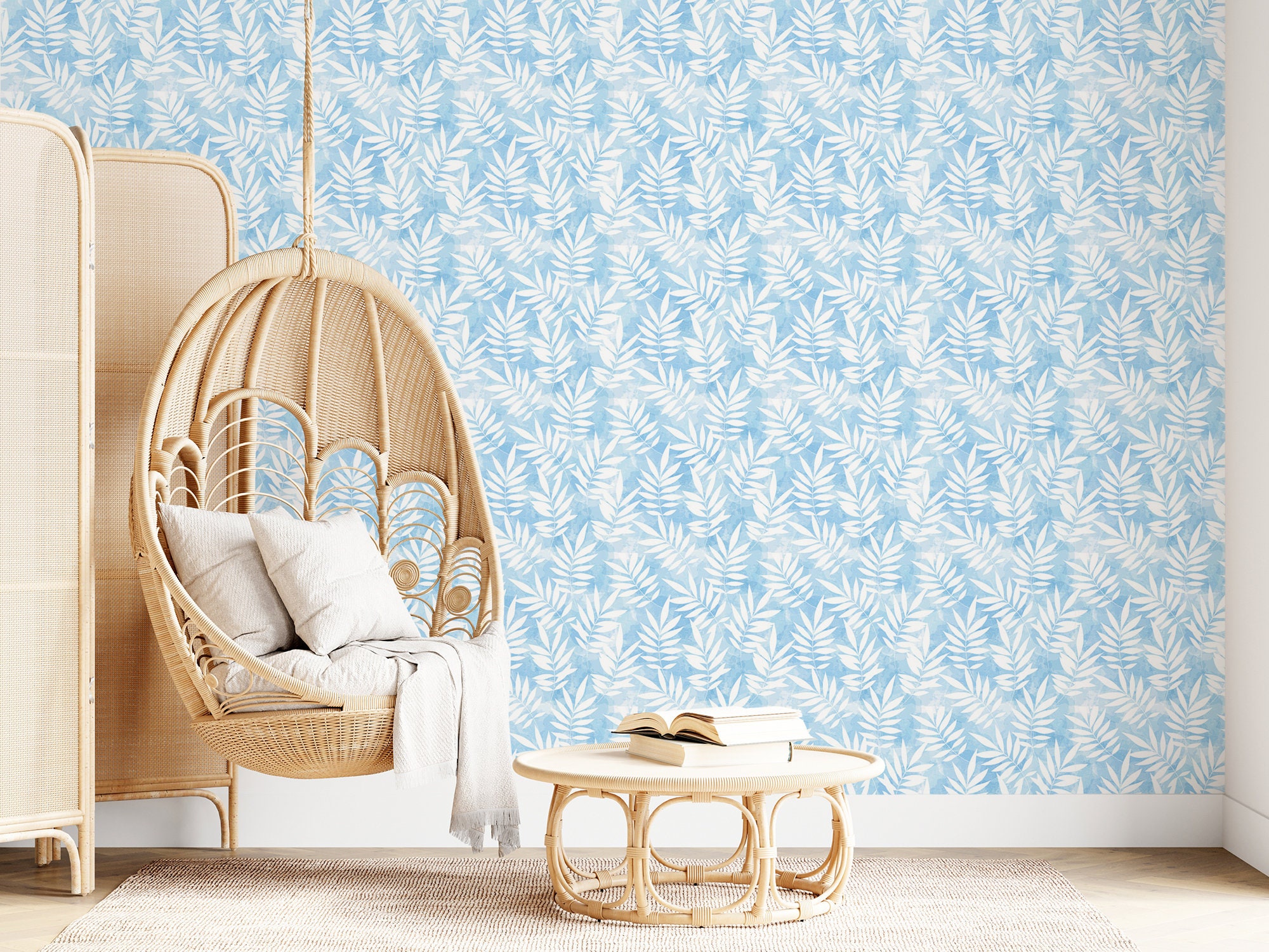 Blue & White Leaf Boho Pattern Wallpaper Wall Decor Home Renovation ...