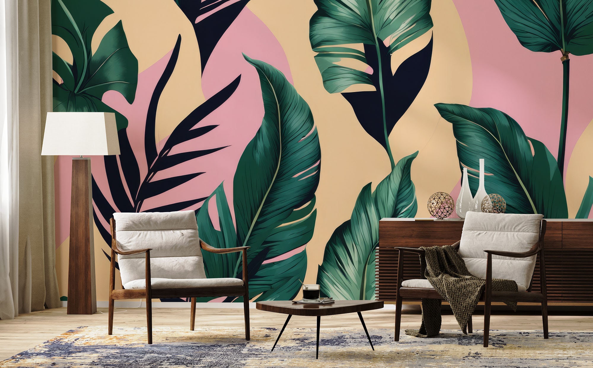 Green Leaves on Pink Background Wall Mural | Wall Decor | Home ...