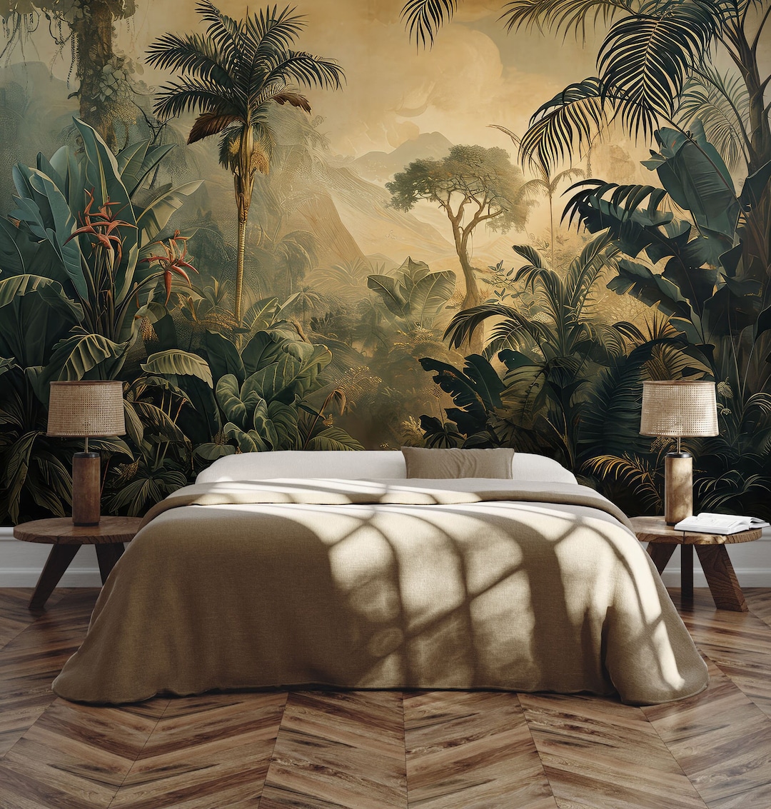 Retro Jungle Landscape Wallpaper | Wall Decor | Home Renovation | Wall ...