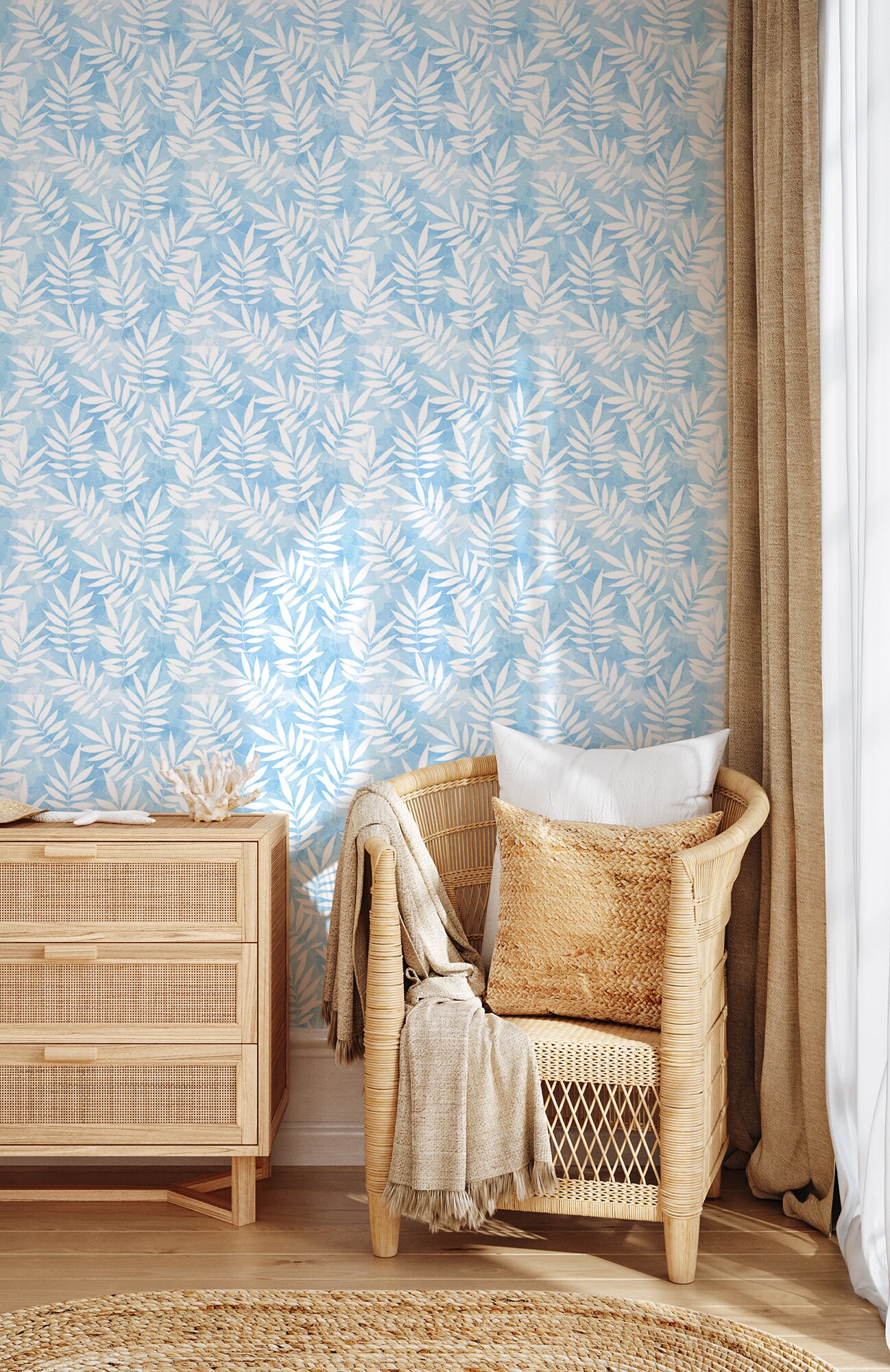 Blue & White Leaf Boho Pattern Wallpaper Wall Decor Home Renovation ...