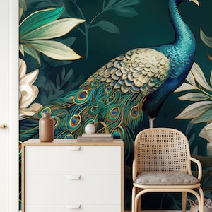 Dark Peacock Bird & Flowers Wallpaper | Wall Decor | Home Renovation ...