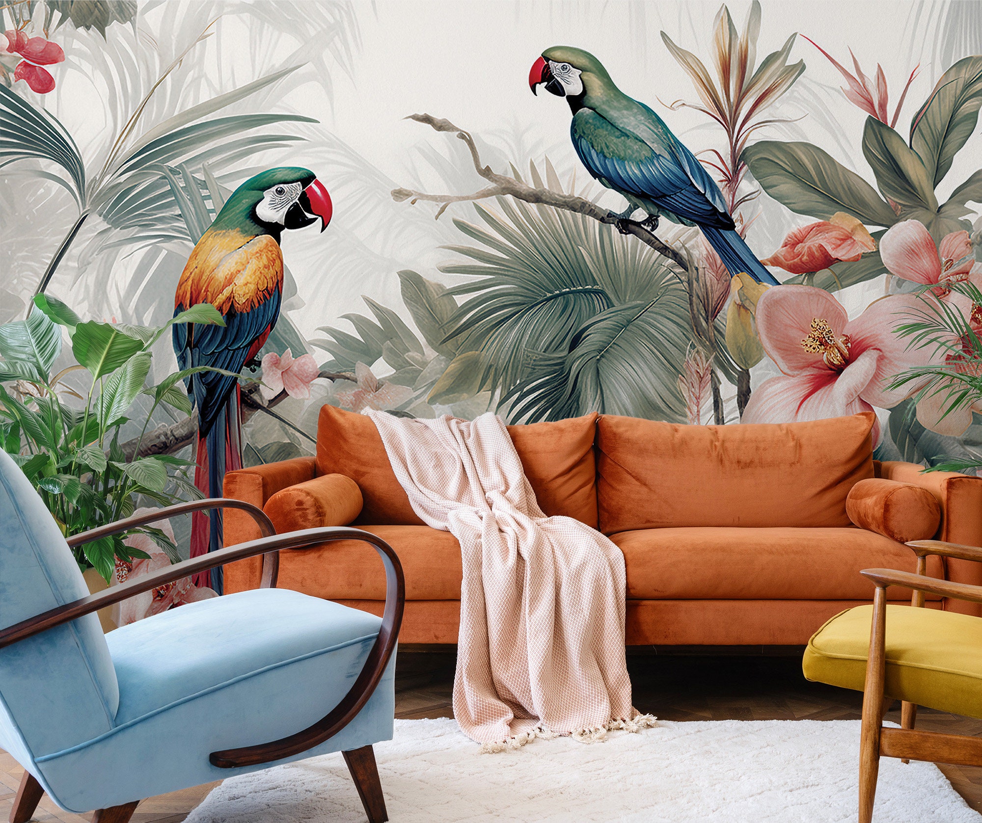 Tropical Wallpaper With Parrots Exotic Wall Decor Home Renovation Wall ...
