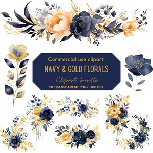 Navy and Gold Floral Clipart Navy Blue Flower Navy Blue Gold Roses ...