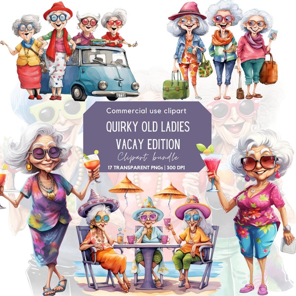 Quirky Old Ladies Clipart Vacay Edition Funny Old People Cheerful Old ...