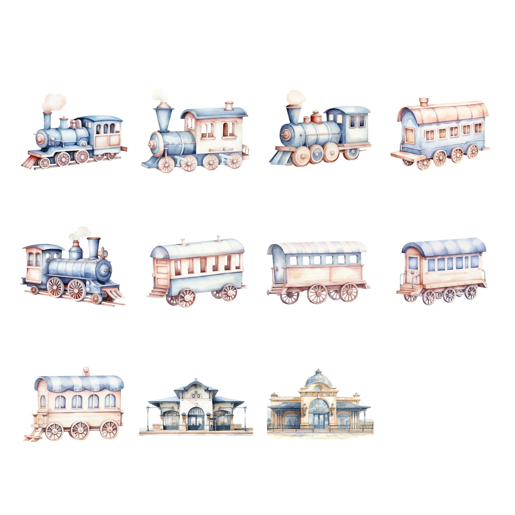 Watercolor Train Set Clipart Steam Train Toy Train Set Locomotive Steam ...