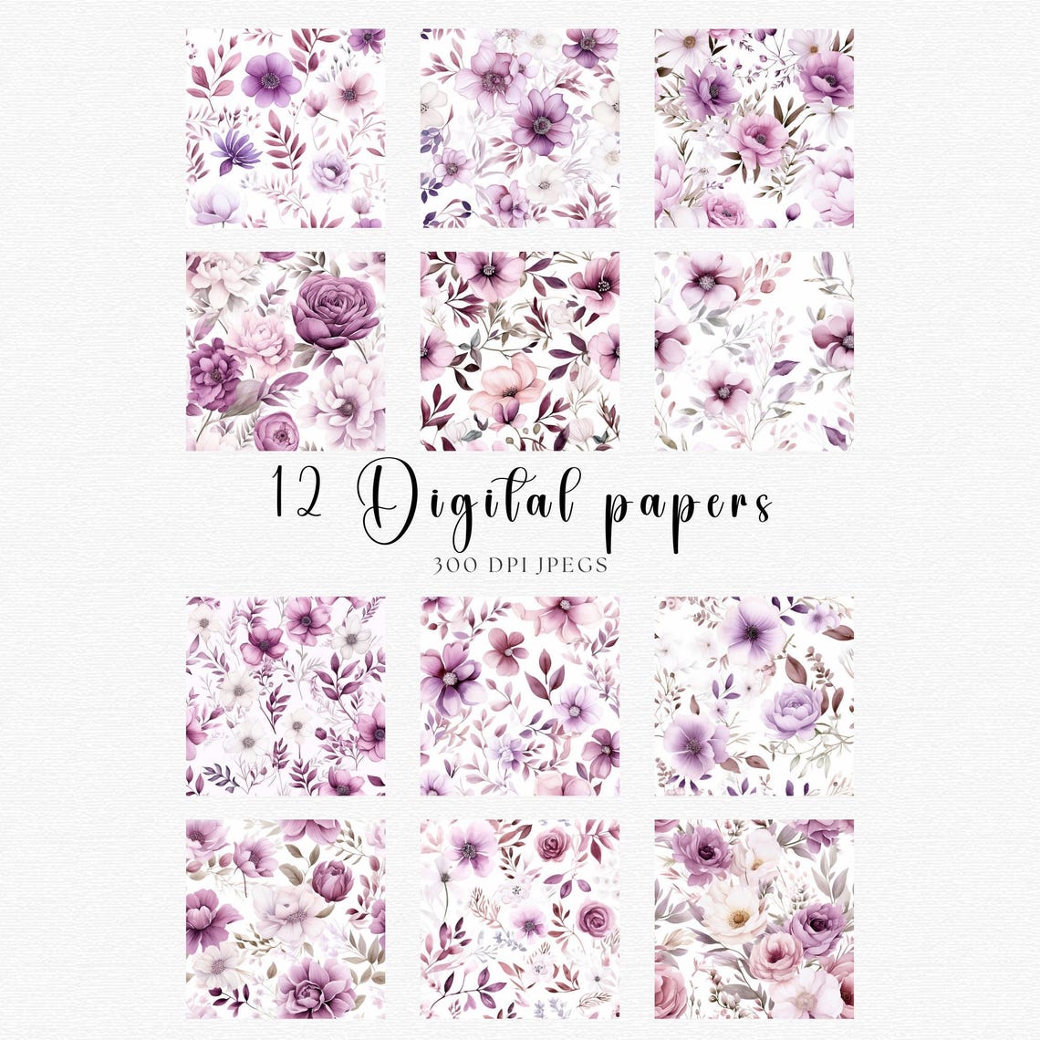 Watercolor Mauve Floral Digital Papers: Purple Wedding Flowers (300 DPI ...