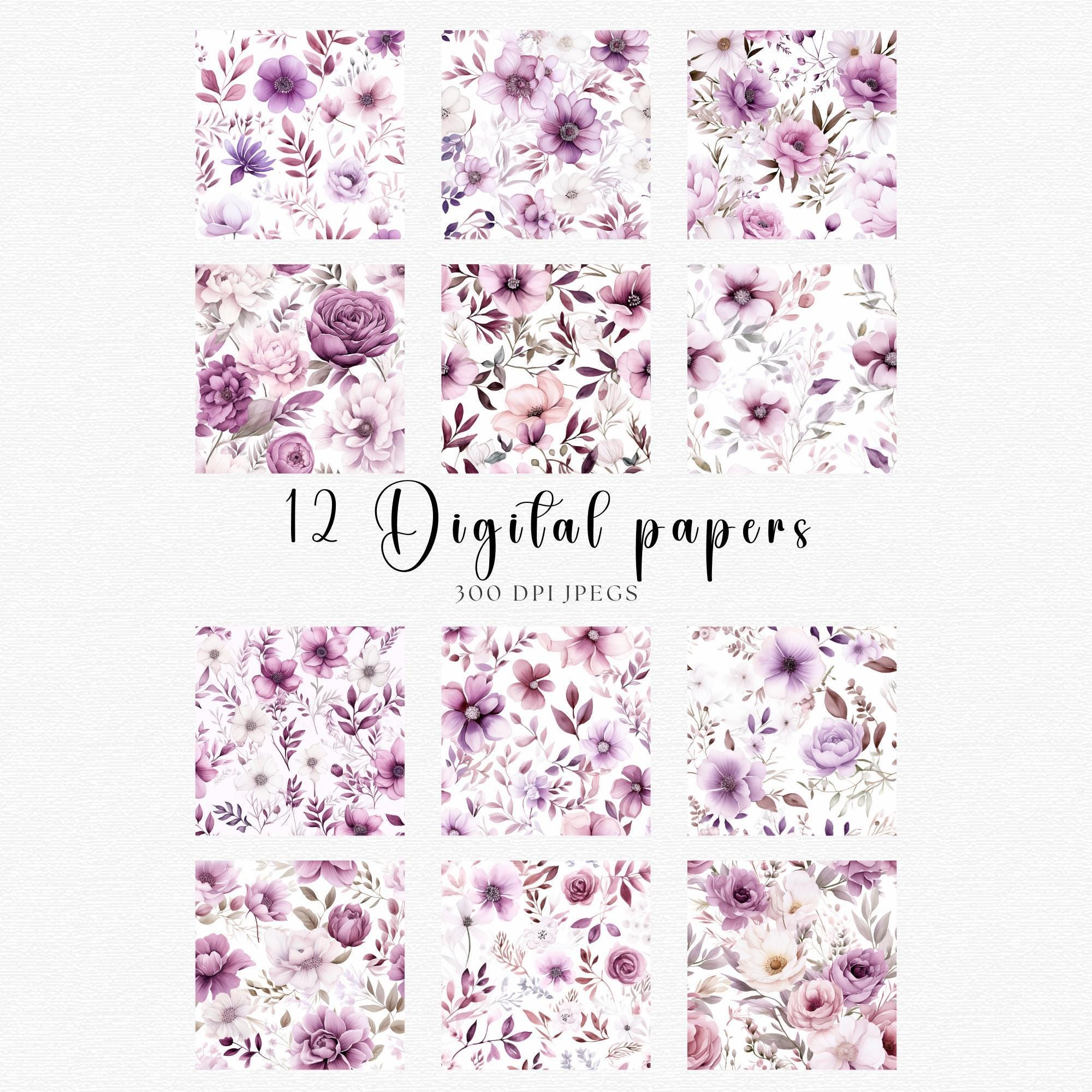 Watercolor Mauve Floral Digital Papers: Purple Wedding Flowers (300 DPI ...