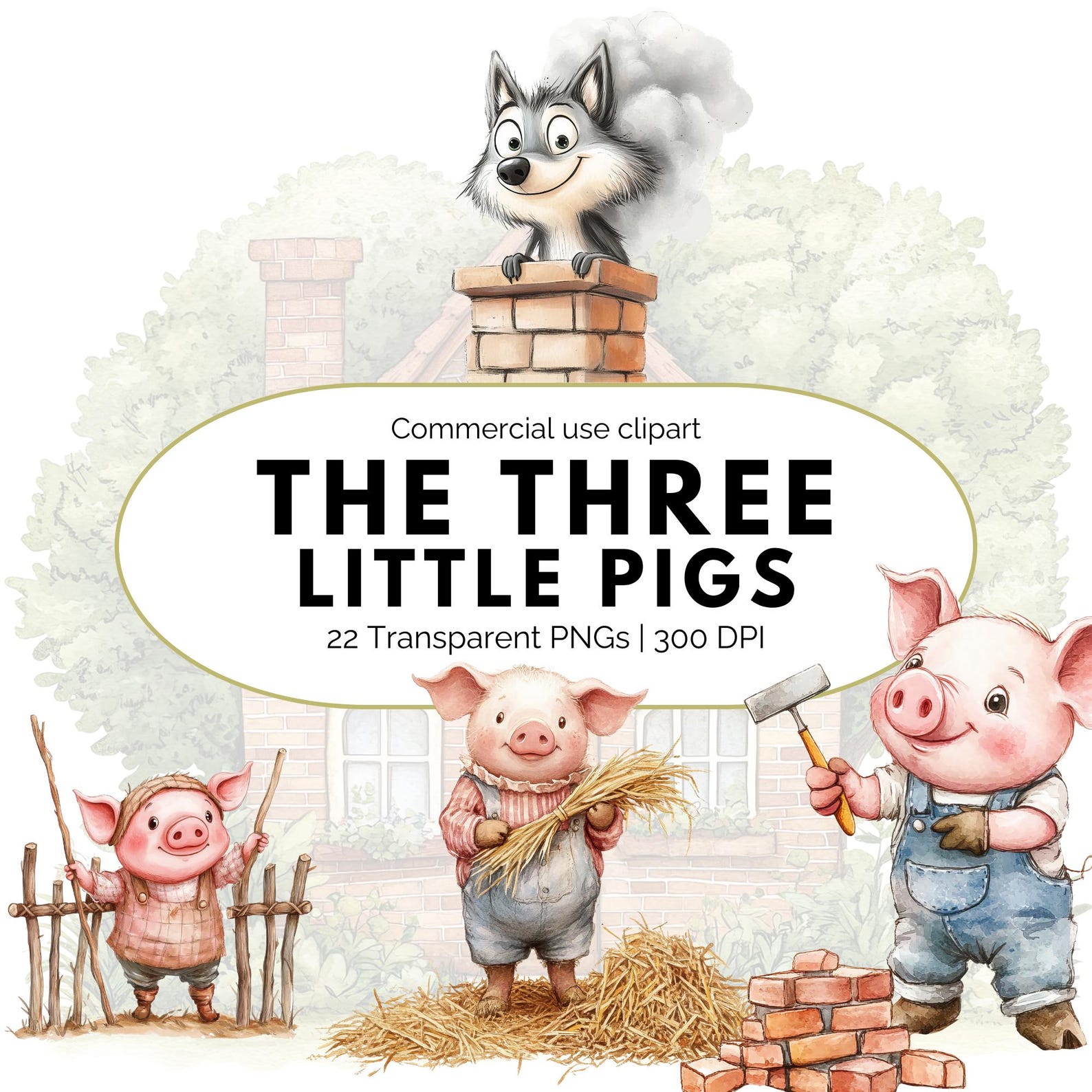 Three Little Pigs Fairytale Big Bad Wolf Clipart Pack for Baby Nursery ...