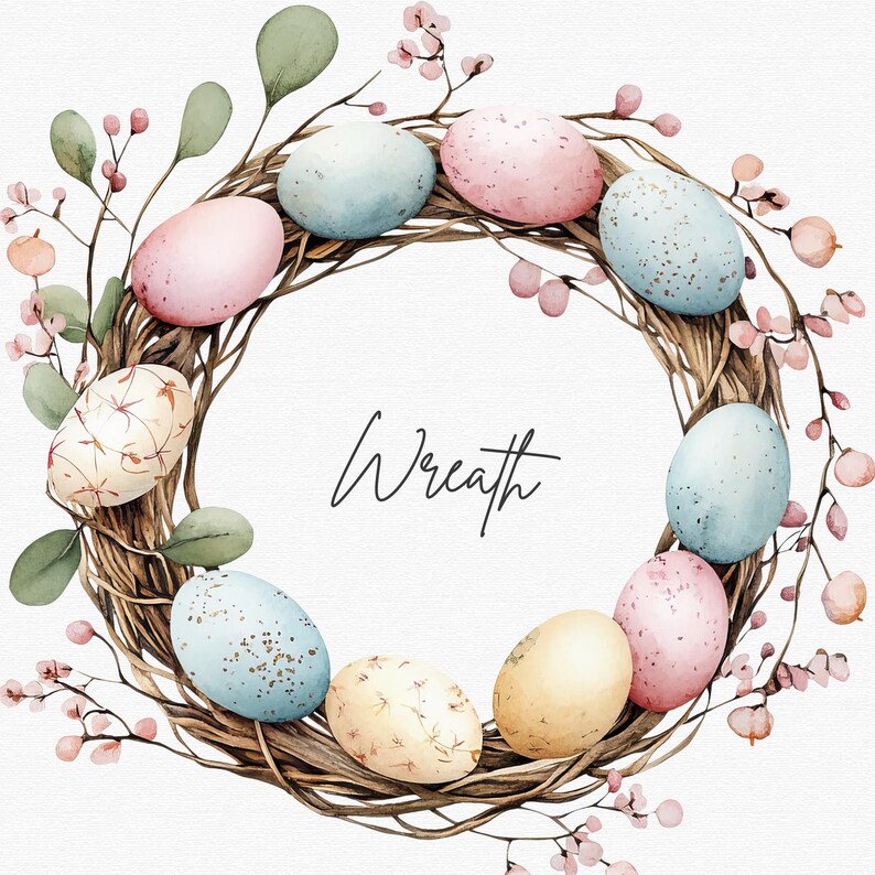 Watercolor Easter Egg Wreath Clipart: Floral Spring PNG (digital ...