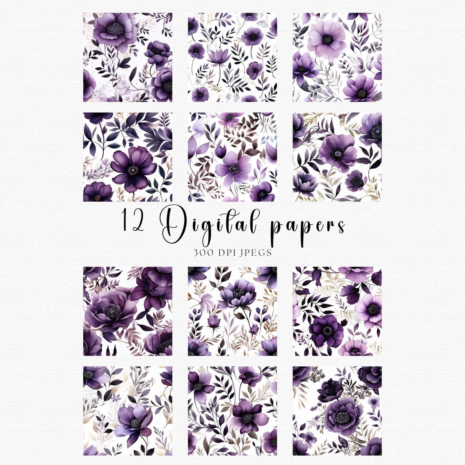 Dark Purple Floral Digital Papers: Moody Watercolor Flowers (jpegs) - Etsy