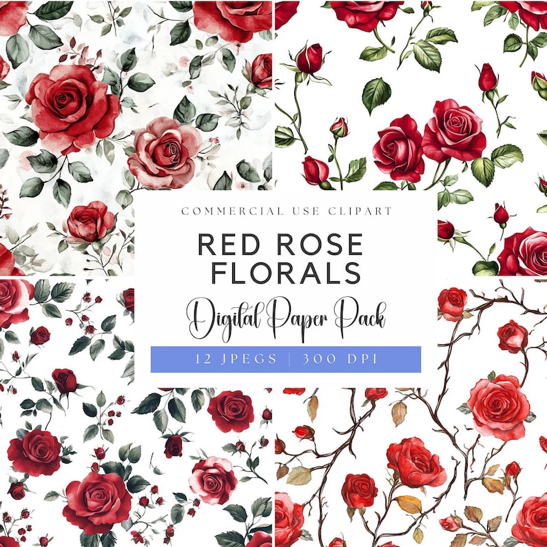 Red Rose Seamless Patterns: Floral Digital Paper (commercial Use) - Etsy