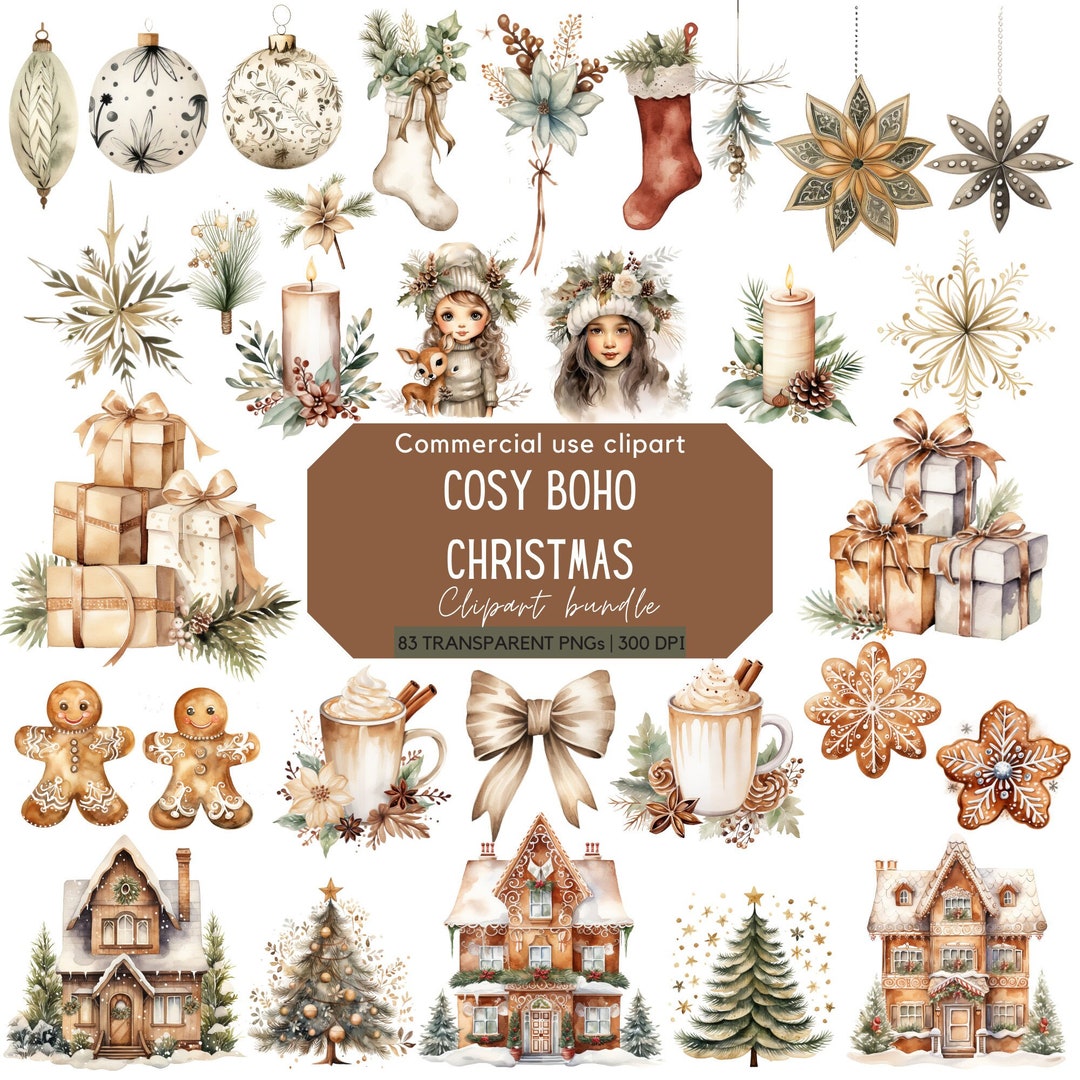 Watercolor Cosy Boho Christmas Clipart Neutral Christmas Christmas ...