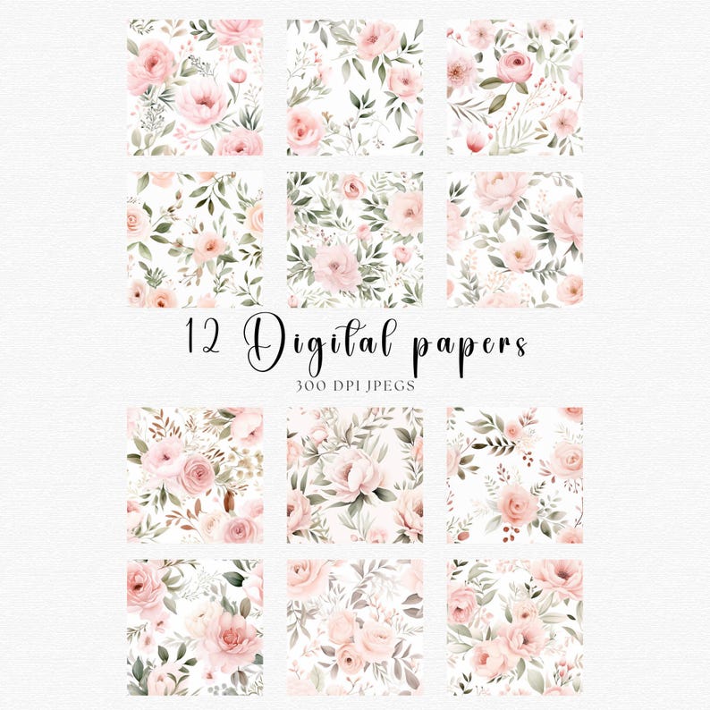 Watercolor Blush Pink Floral Digital Papers: Wedding Designs (300 DPI ...