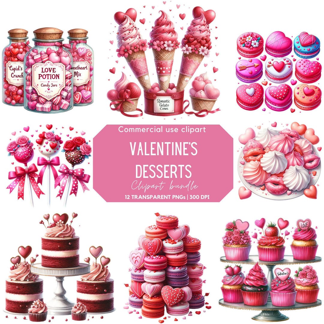 Valentine's Desserts Watercolor Clipart: Cupcakes, Macarons (commercial ...