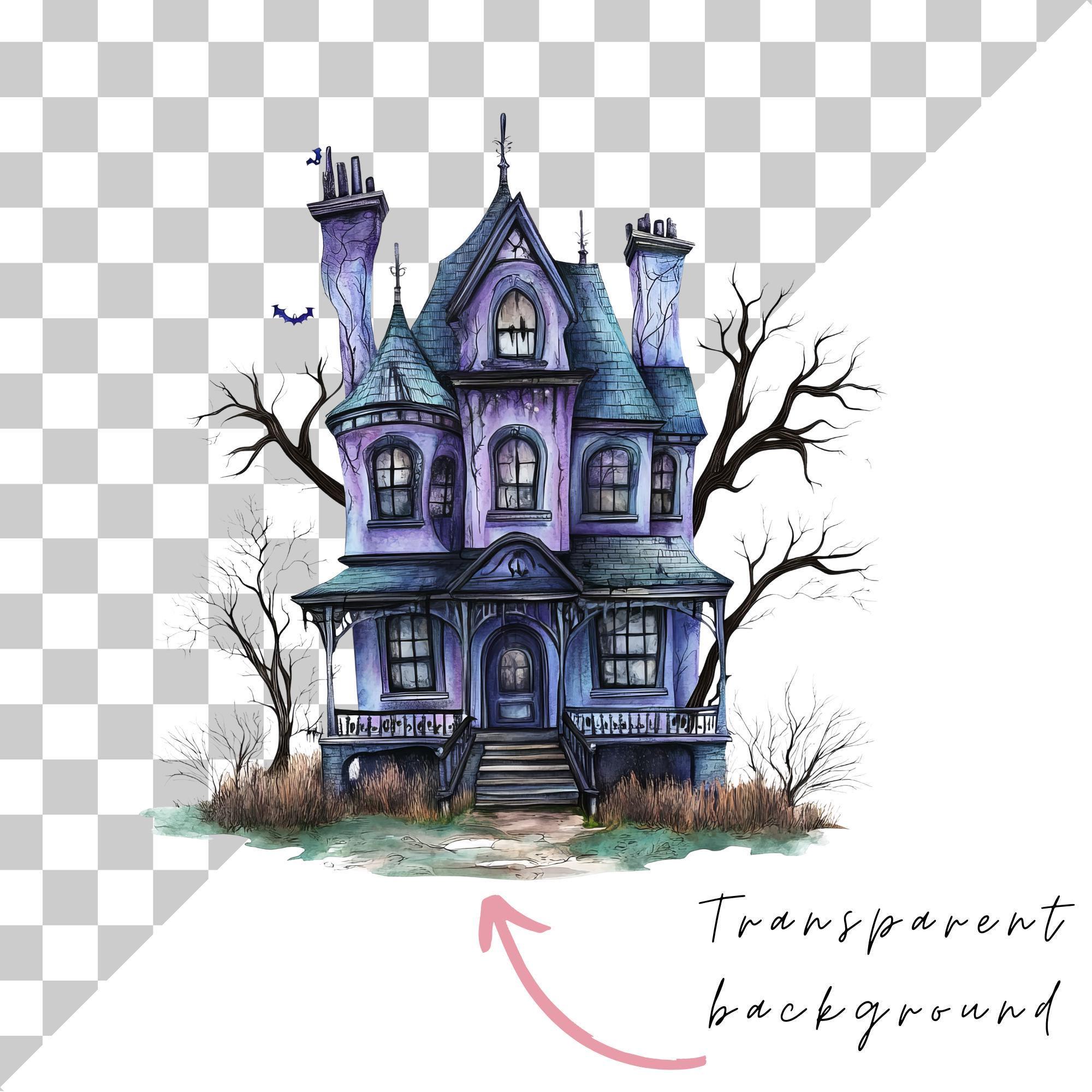 Watercolor Haunted House Clipart: Spooky Halloween Graphics (PNG ...