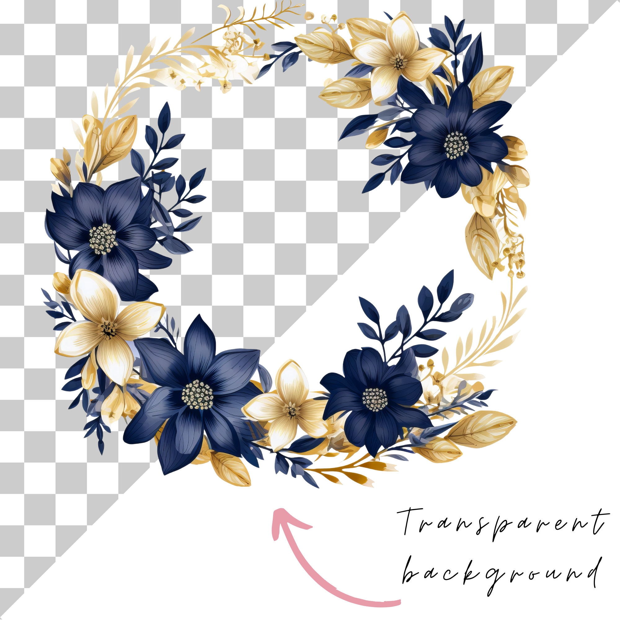 Navy and Gold Floral Clipart Navy Blue Flower Navy Blue Gold Roses ...