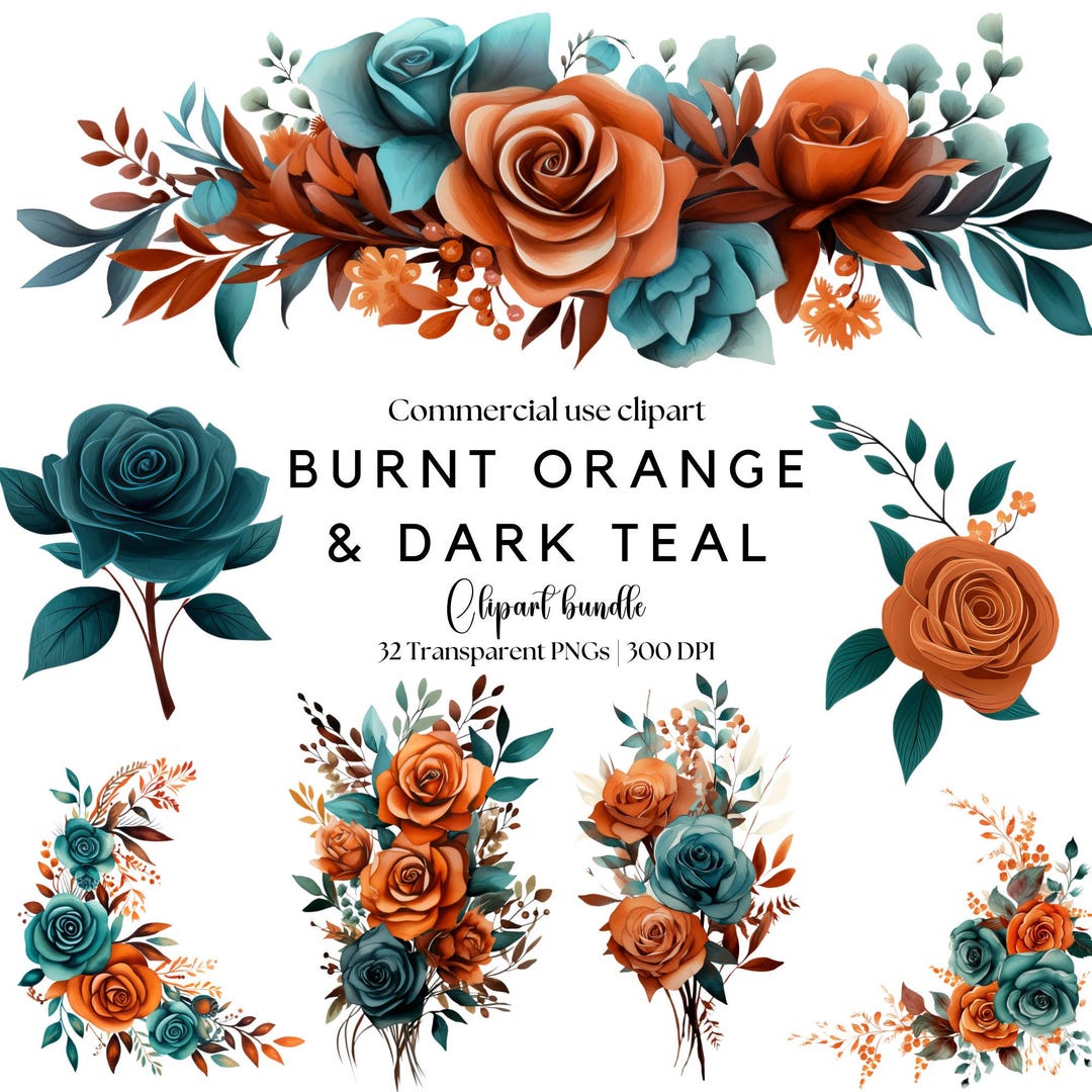 Burnt Orange & Teal Floral Clipart: Boho Fall Wedding (digital Download ...