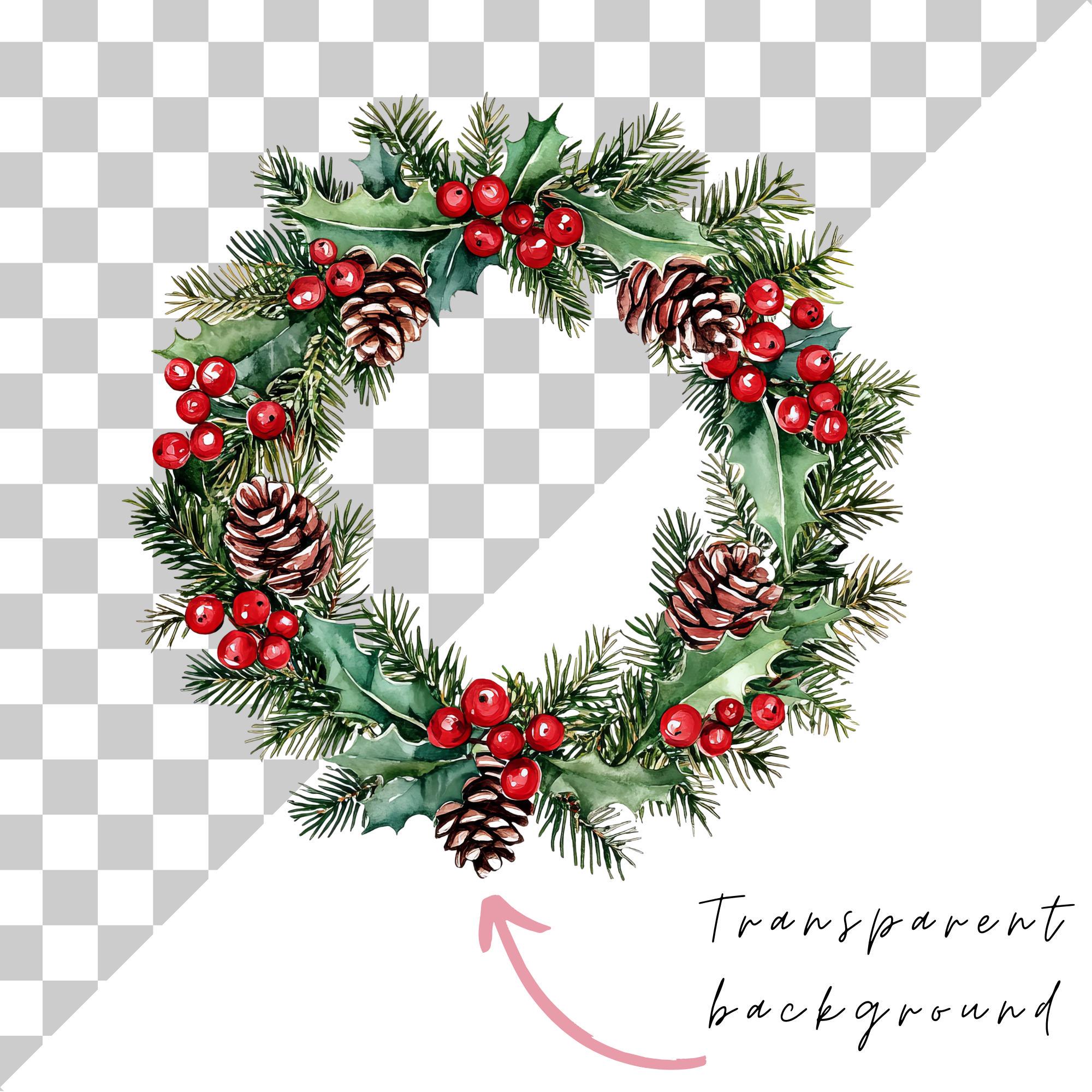 Watercolor Christmas Wreath Clipart: Festive Floral PNG (digital ...