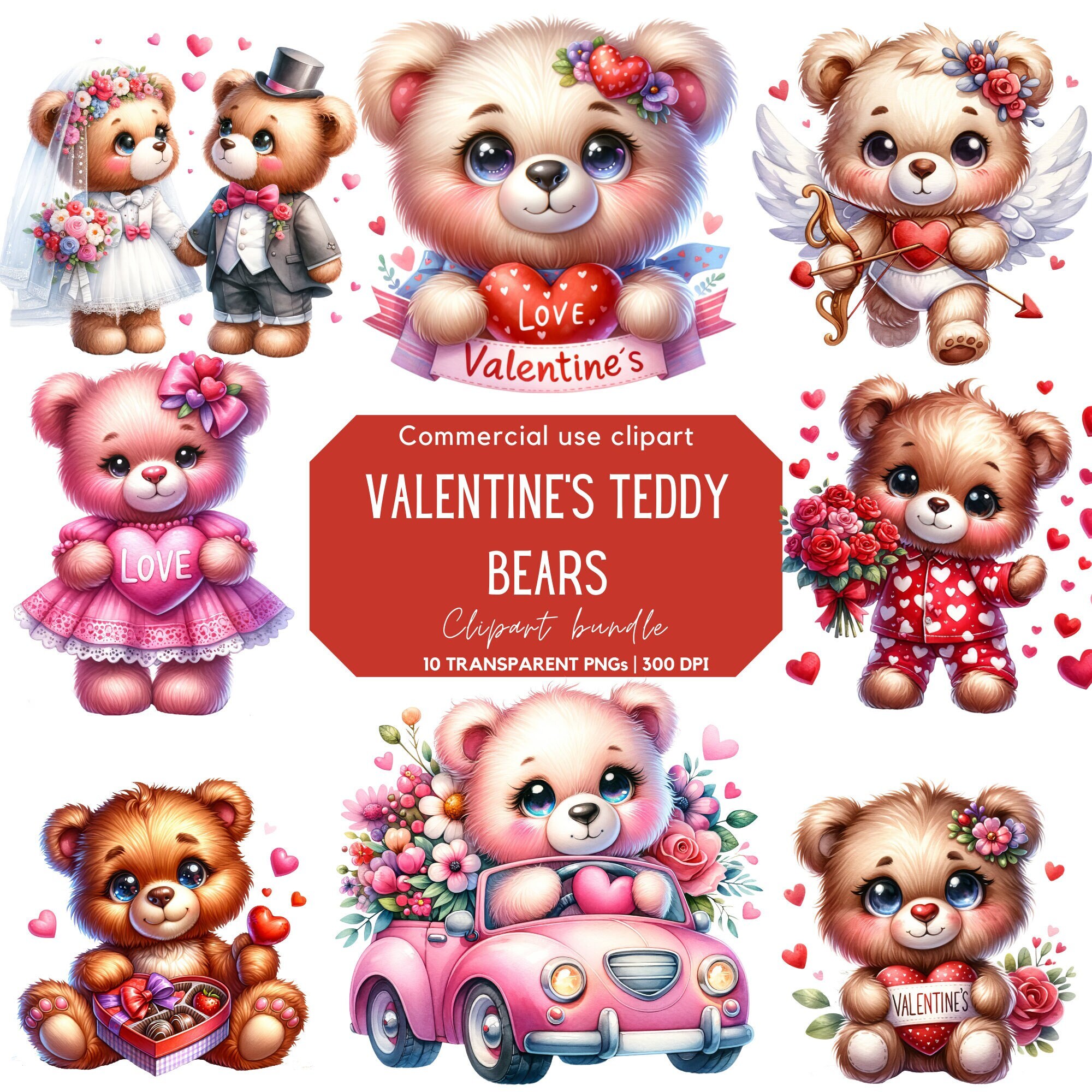 Valentine Teddy Bear Clipart Cute Bears Romantic Clipart Watercolor ...