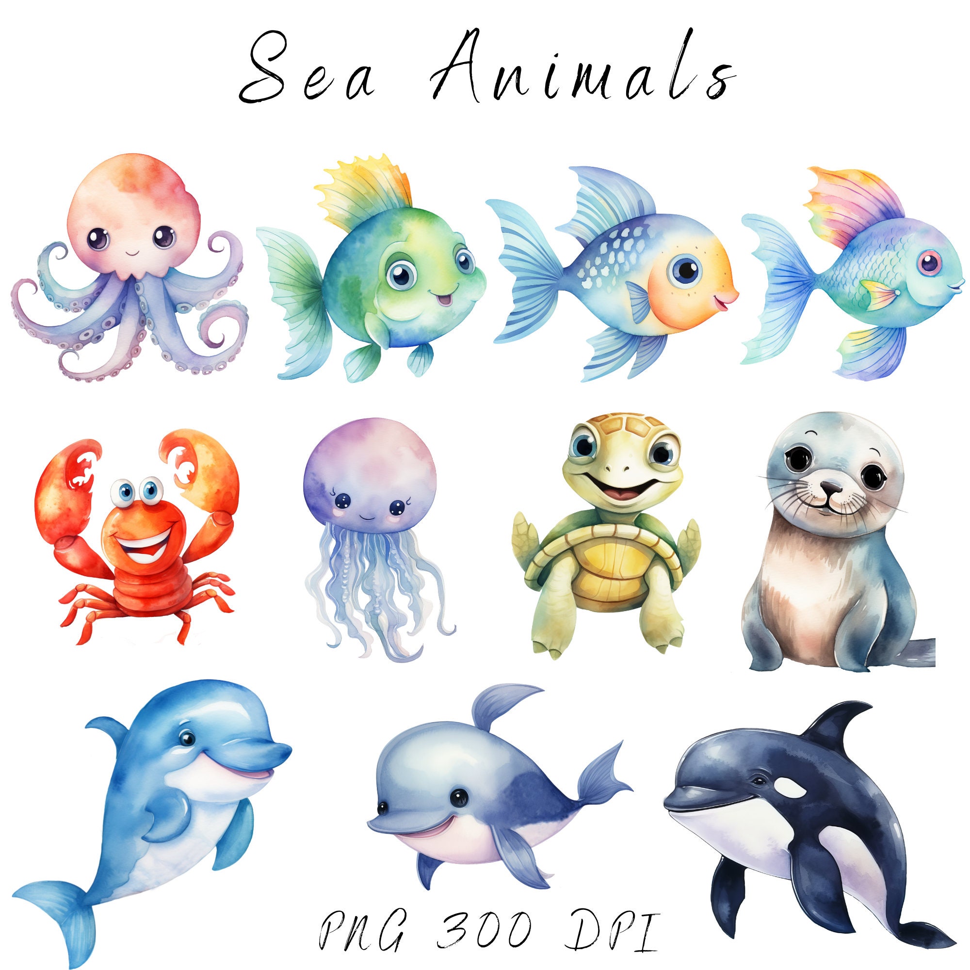 Watercolor Under the Sea Clipart Mermaid Cute Sea Animals Sea Life ...