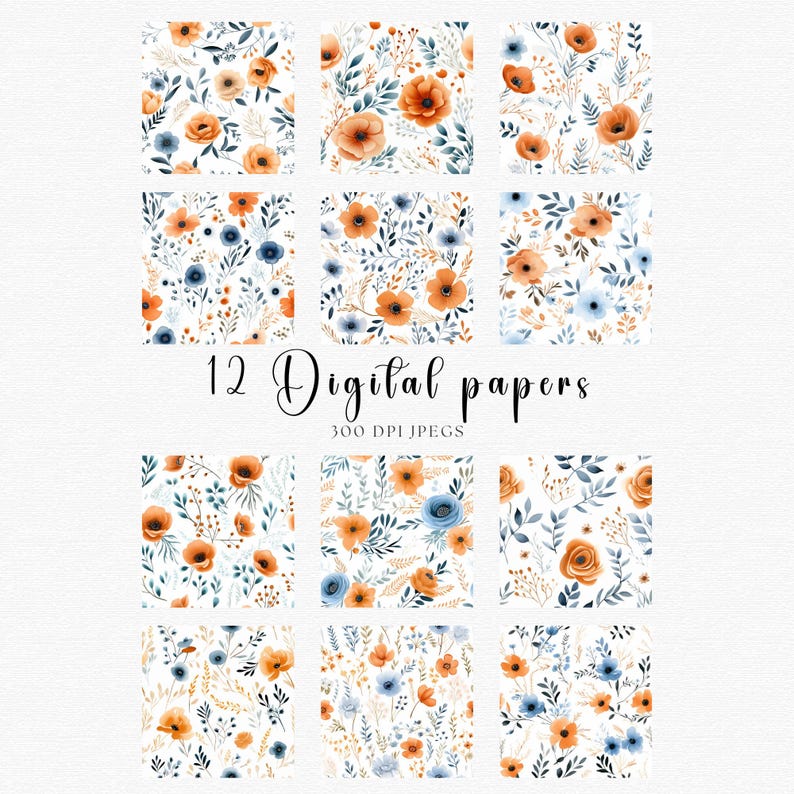 Burnt Orange & Blue Watercolor Floral Digital Paper (300 DPI Jpegs) - Etsy