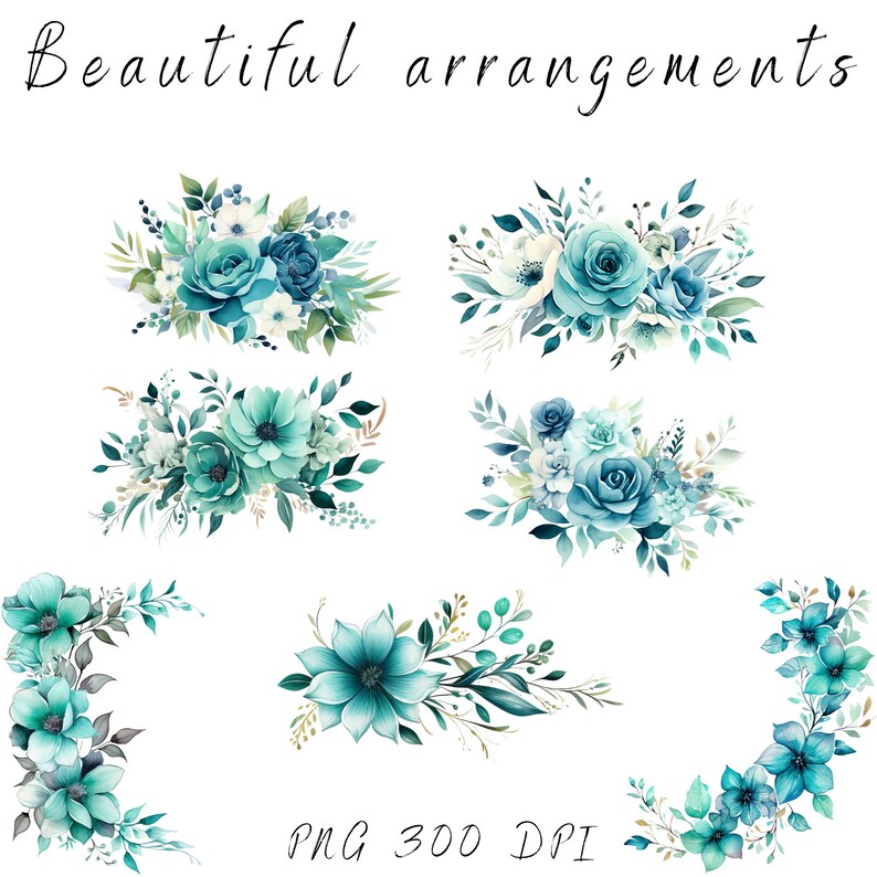 Teal Floral Clipart Teal Flowers Png Blue Floral Wedding Invitation ...