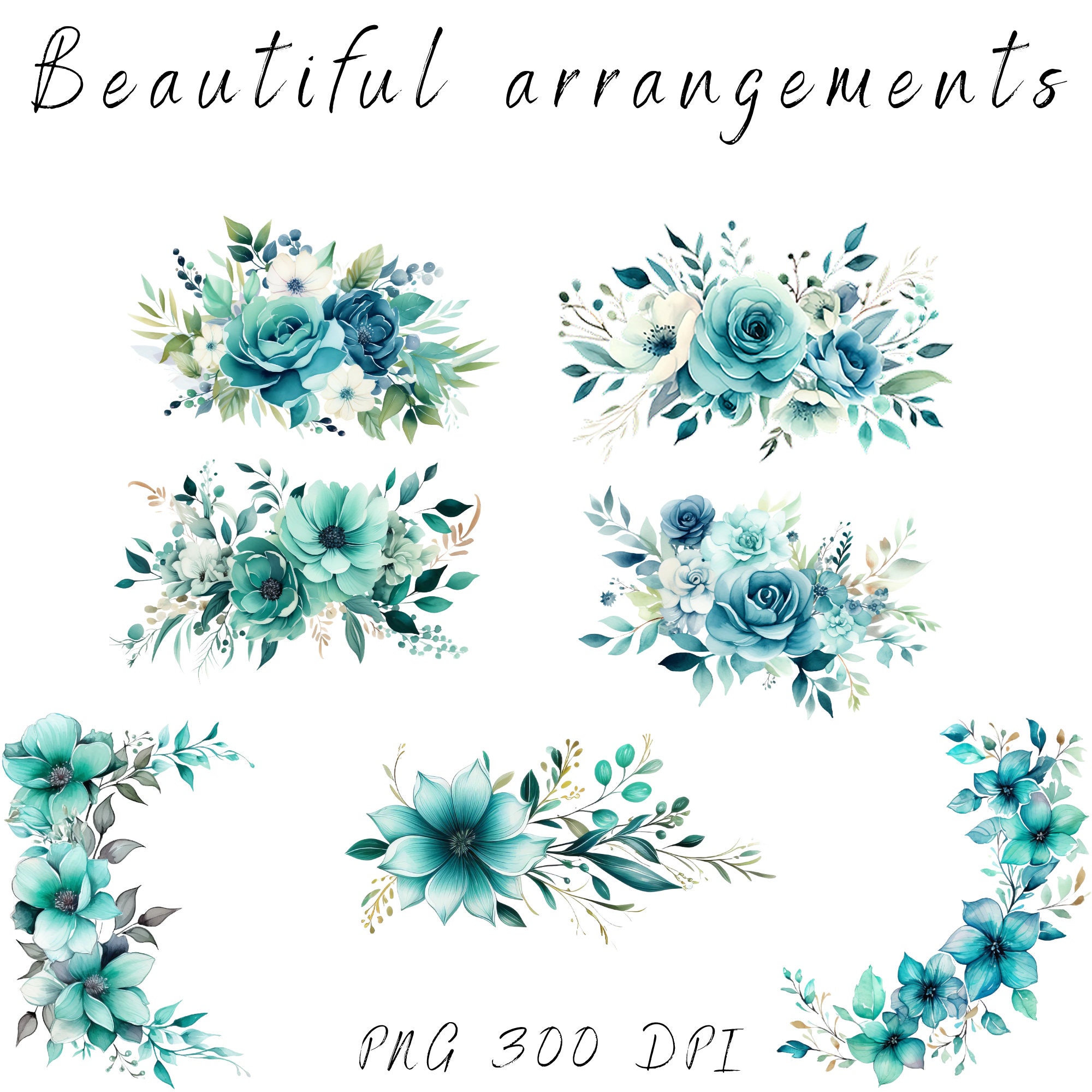 Teal Floral Clipart Teal Flowers Png Blue Floral Wedding Invitation ...