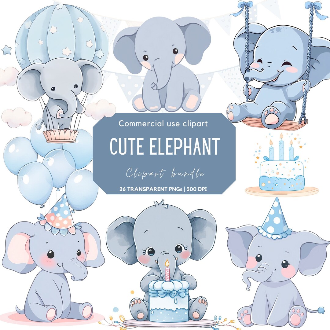 Cute Blue Elephant Clipart | Watercolor Baby Elephant | Cute Animal ...
