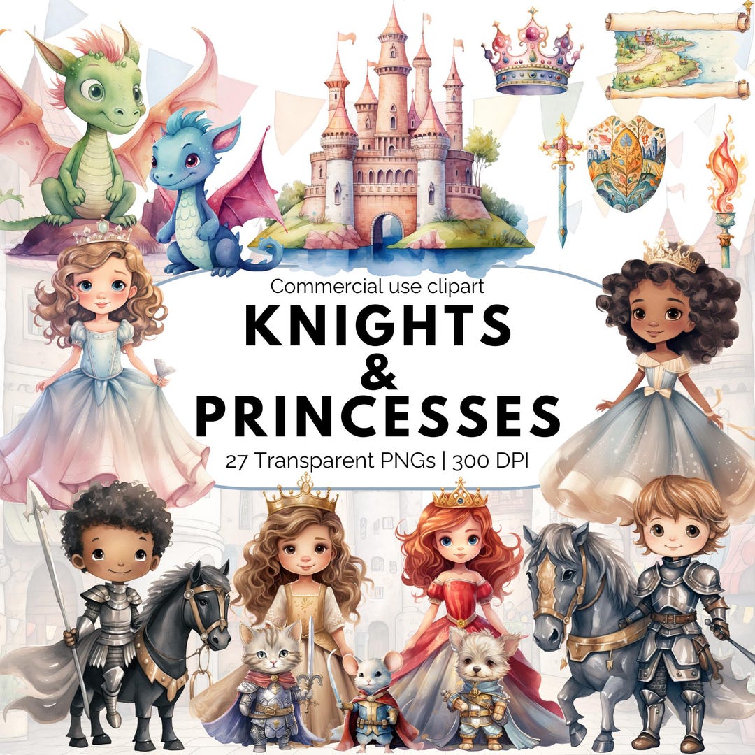 Knights & Princesses Clipart Bundle, Fairytale Castle PNG, Cute Dragon ...