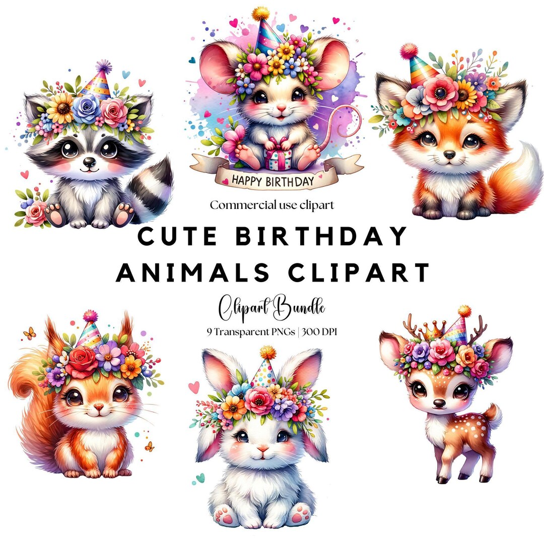 Watercolor Birthday Animal Clipart: Party PNG Bundle (digital Download ...