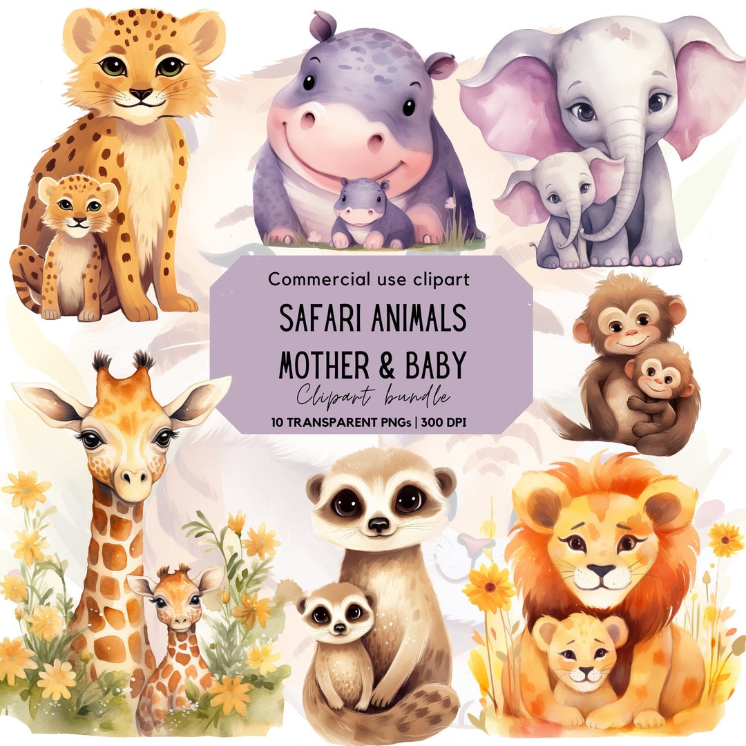 Watercolor Mother & Baby Safari Animals Clipart | Safari Baby Shower ...