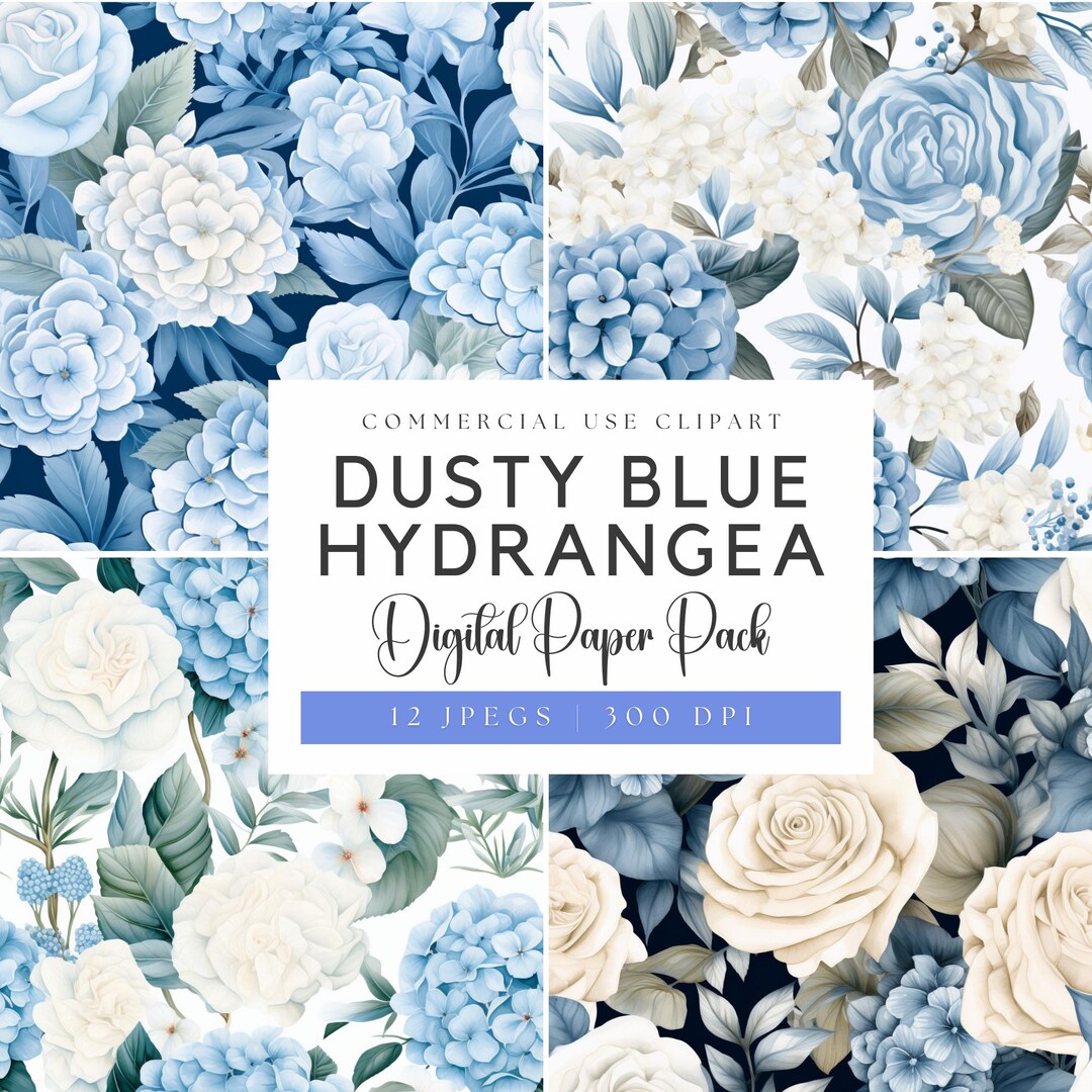 Watercolor Dusty Blue Hydrangea and Rose Floral Digital Papers | Blue ...