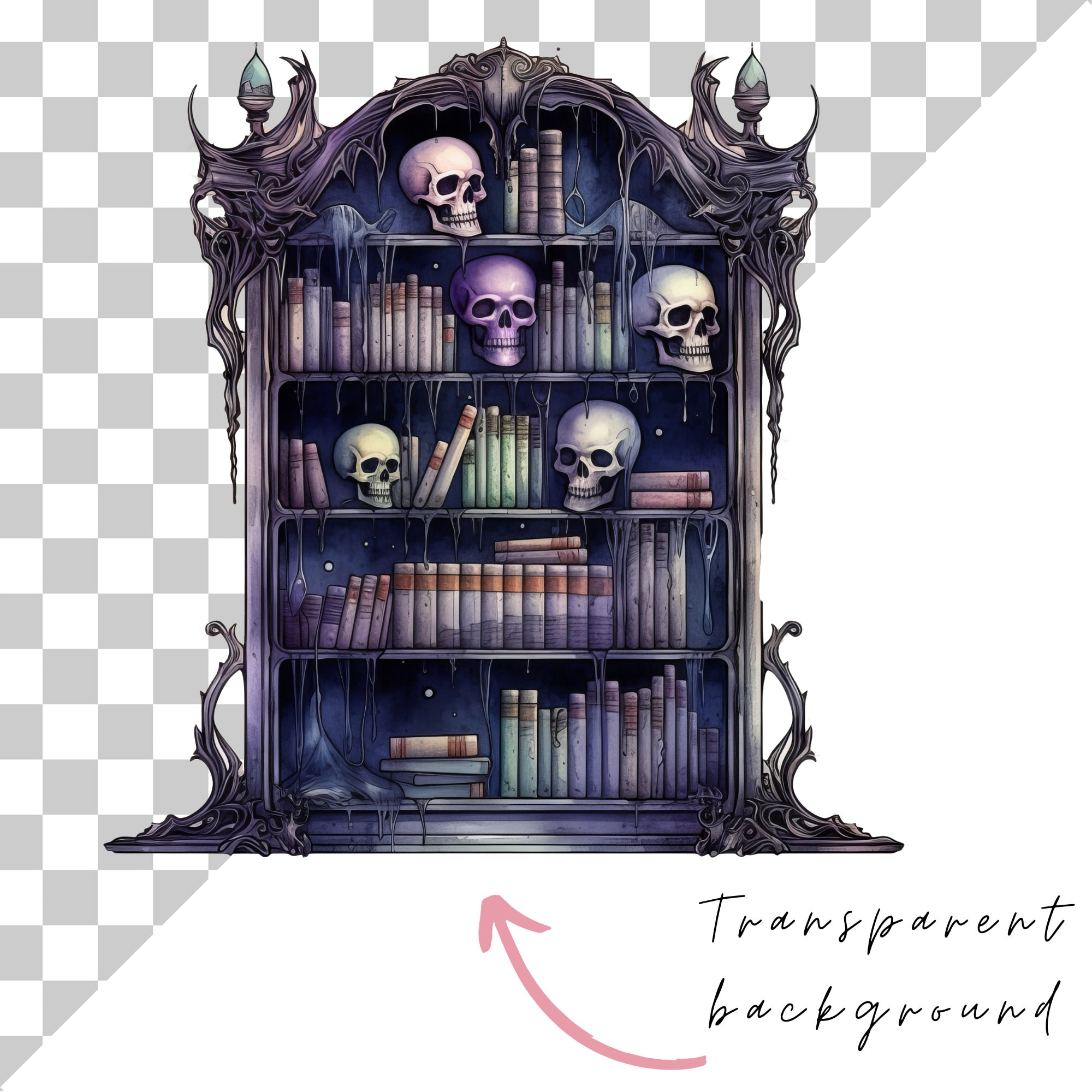 Watercolor Gothic Bookshelf Clipart Bookworm Library Book Lover ...