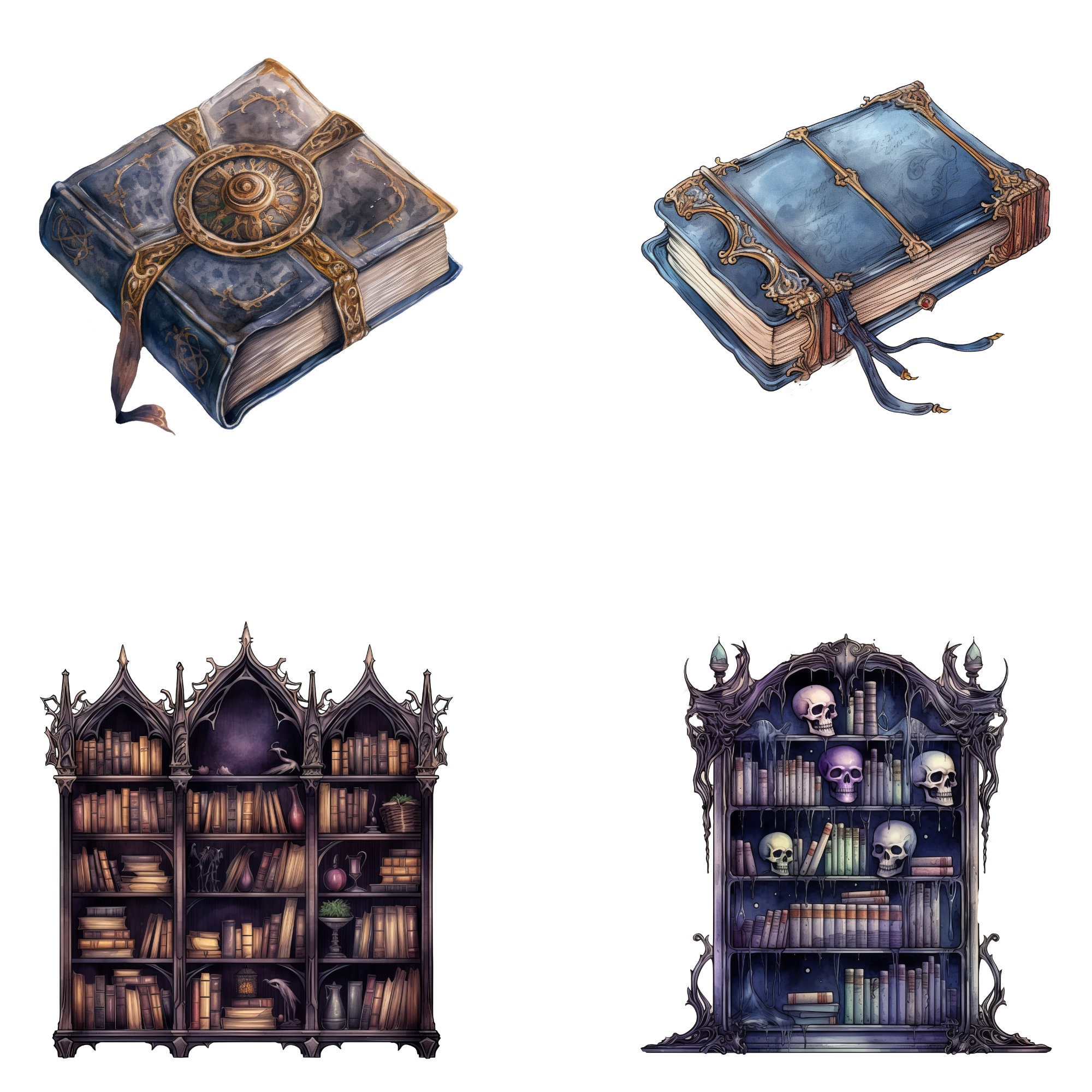 Watercolor Gothic Bookshelf Clipart Bookworm Library Book Lover ...