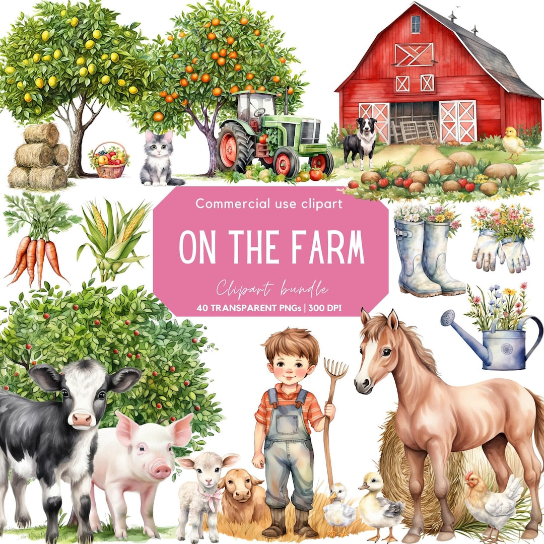 On the Farm Clipart | Watercolor Farm Animal Png | Baby Animals | Cute ...